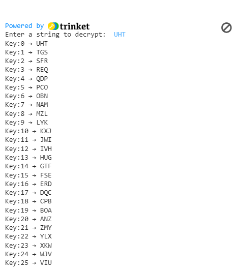 Decrypt a Caesar cipher by brute force